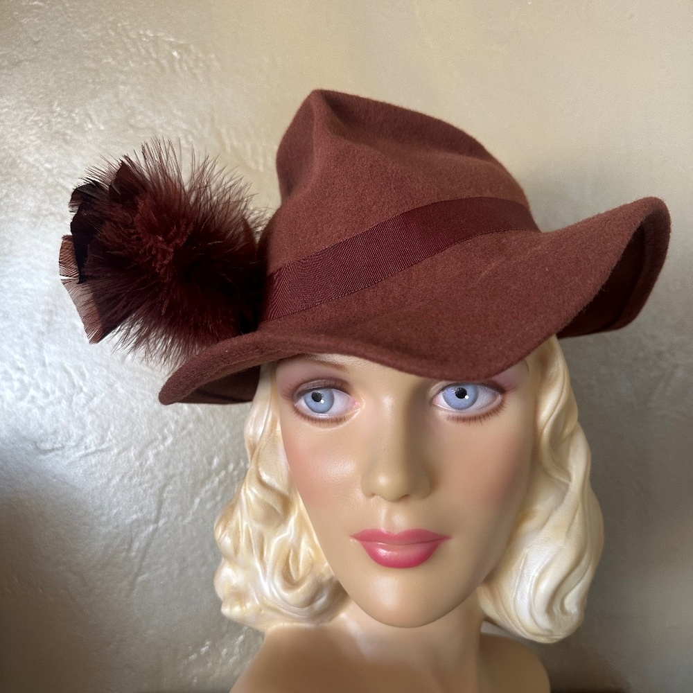Chic Vintage Copper Color Felt Fedora +Sculpted Crown… - Gem